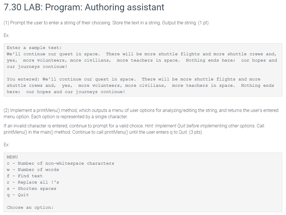 Solved 7.30 LAB: Program: Authoring assistant (1) Prompt the | Chegg.com