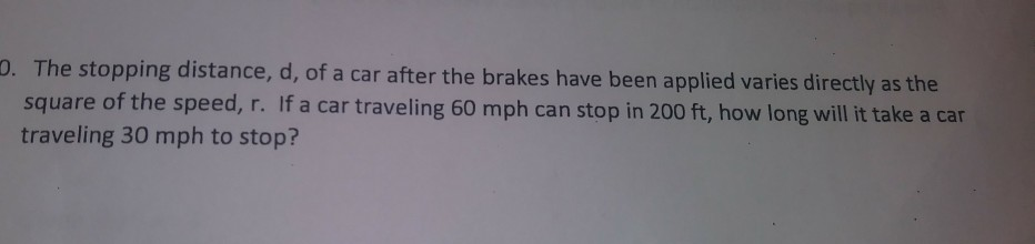 Solved o. The stopping distance, d, of a car after the | Chegg.com