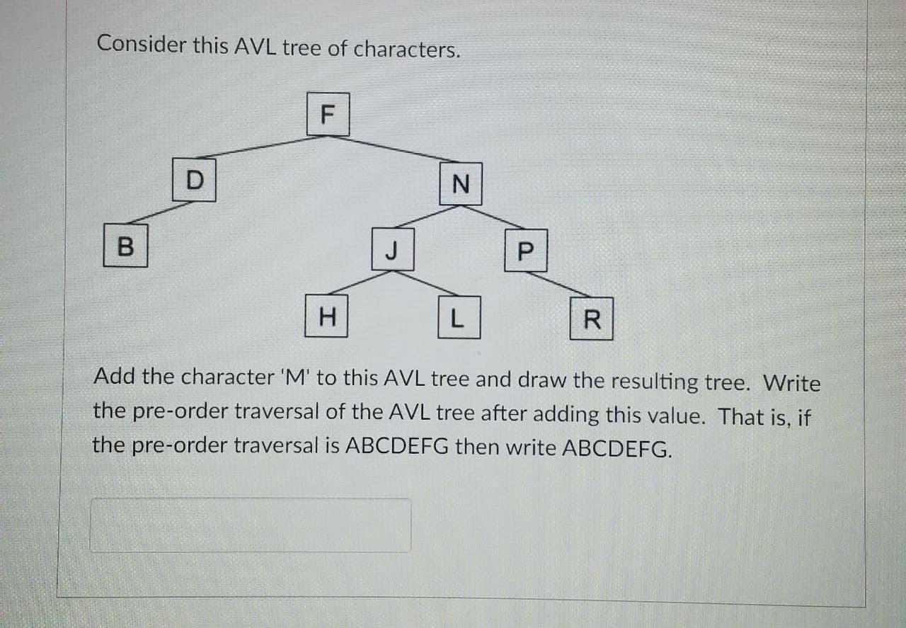 Solved Consider this AVL tree of characters. F D N. B J P H | Chegg.com