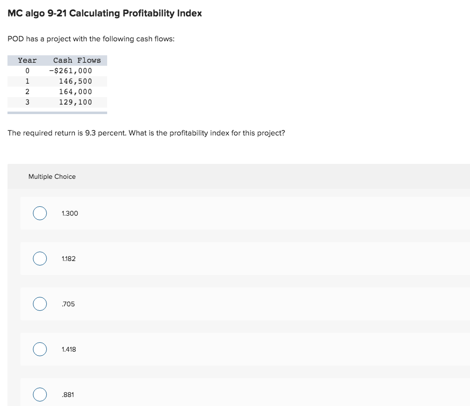 Solved MC algo 9-21 Calculating Profitability Index POD has | Chegg.com