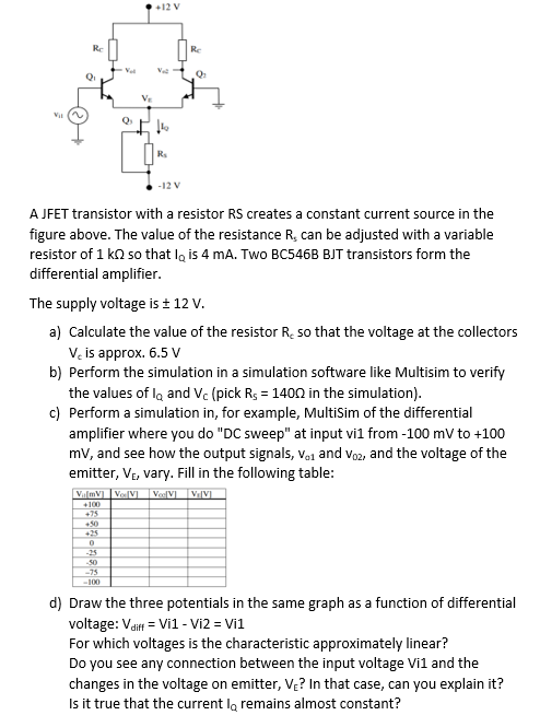 Solved 12V Re Rc O QI Ve Vi Rs -12 V AJFET transistor with a | Chegg.com