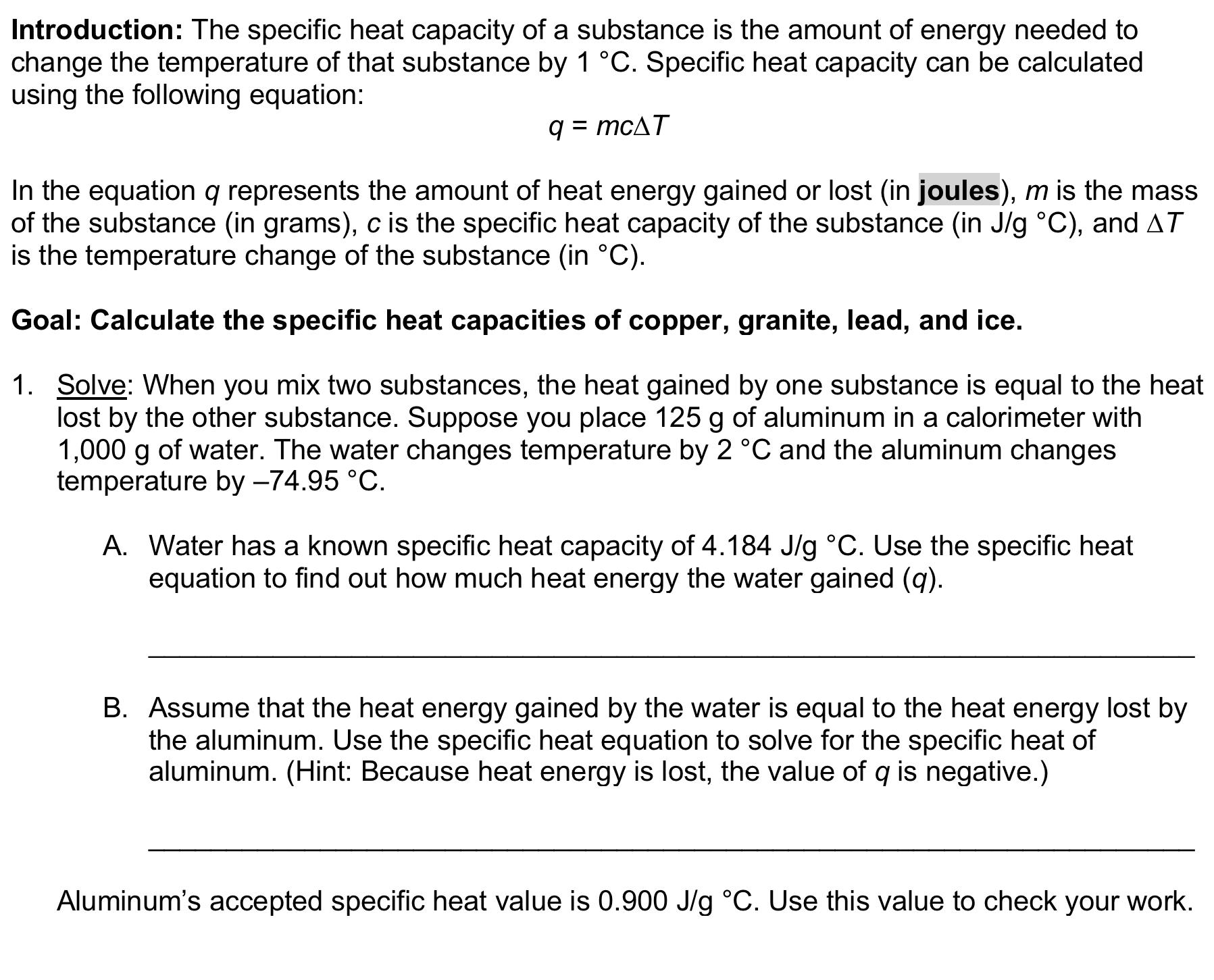 Solved Introduction: The specific heat capacity of a | Chegg.com