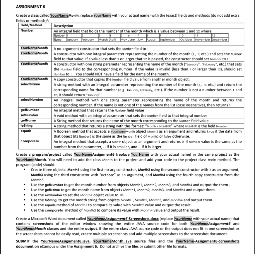 Solved ASSIGNMENT 6 Create a class called YourNameMonth, | Chegg.com