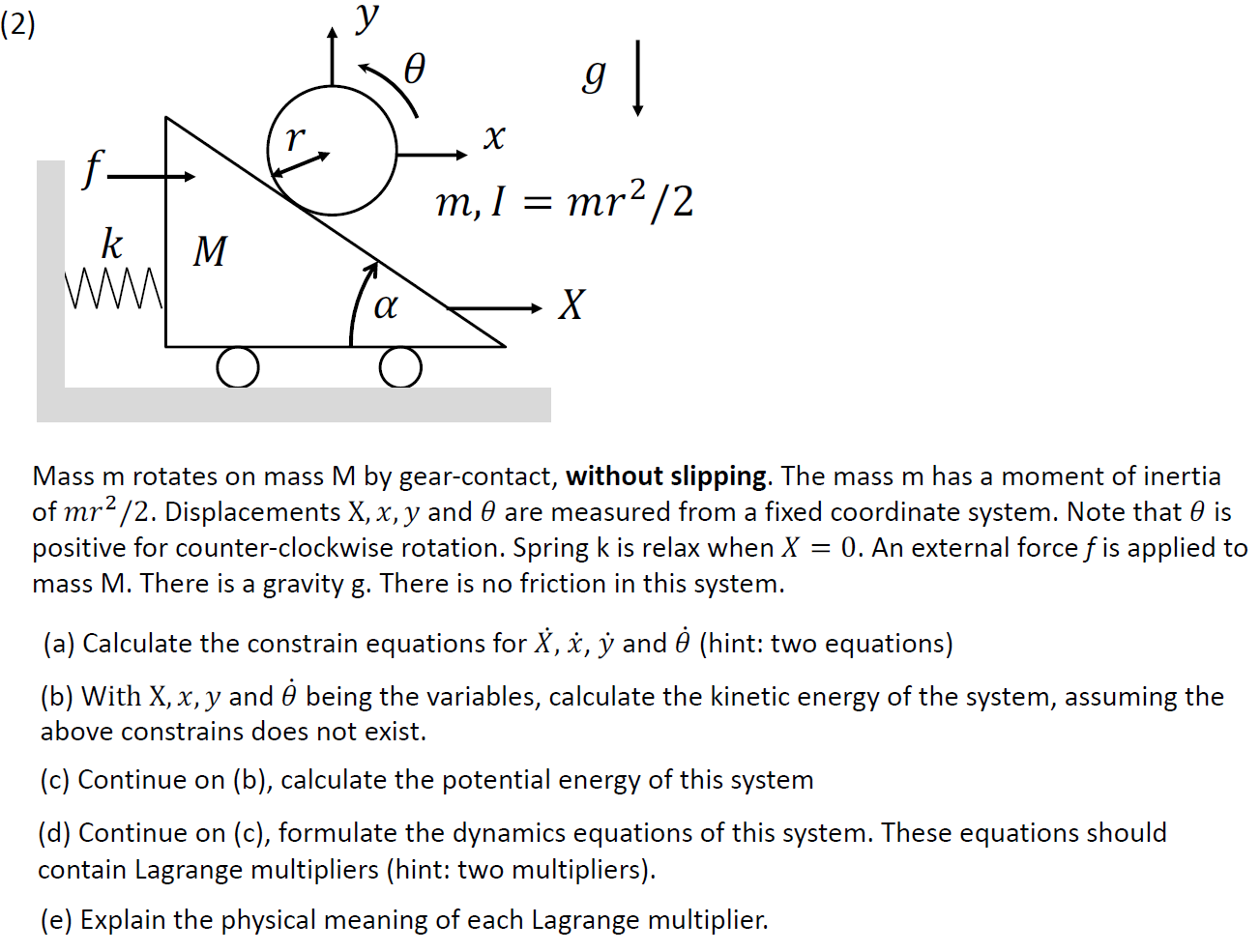 Solved (2) у Ө 9 х f m, I = mr2/2 = k W w M α X = . Mass m | Chegg.com