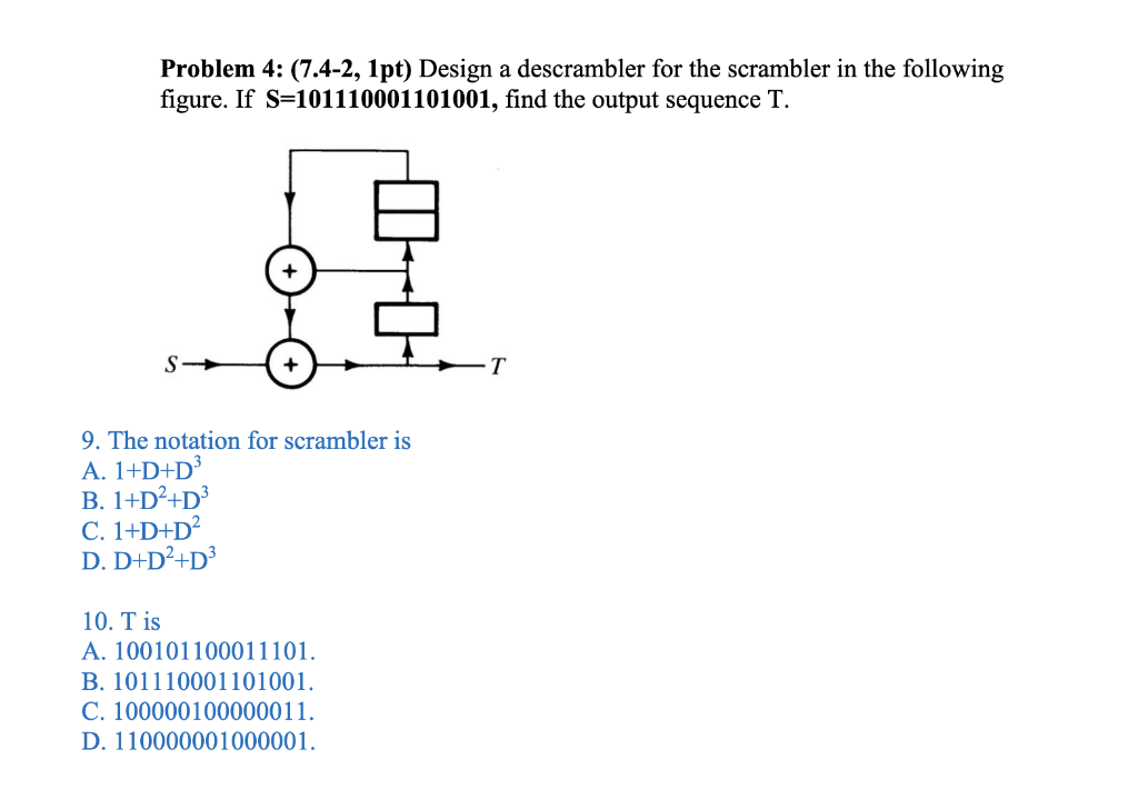 Solved Problem 4: (7.4-2, 1pt) Design a descrambler for the | Chegg.com