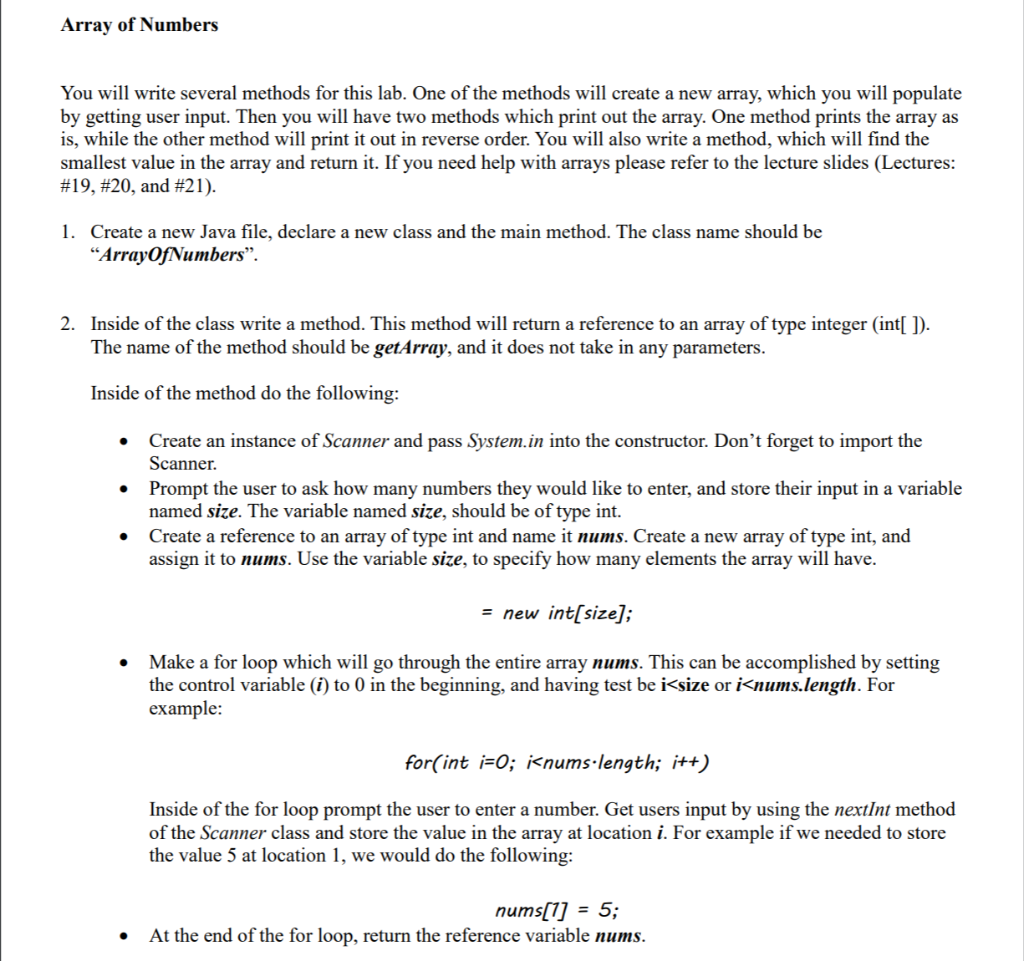 Solved Array of Numbers You will write several methods for | Chegg.com