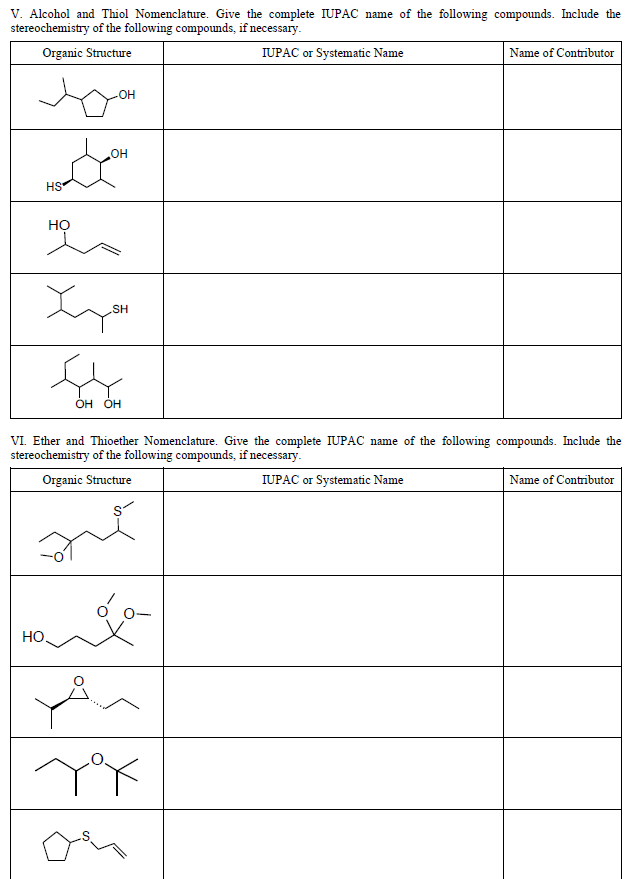 Solved V. Alcohol and Thiol Nomenclature. Give the complete | Chegg.com
