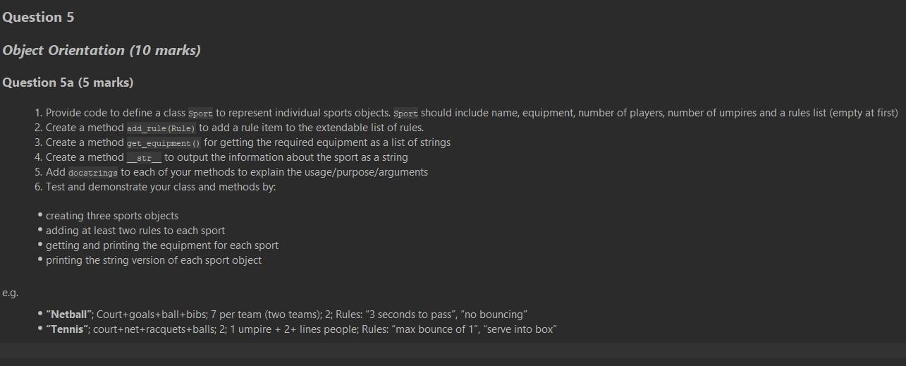 Solved Question 5 Object Orientation (10 marks) Question 5a | Chegg.com