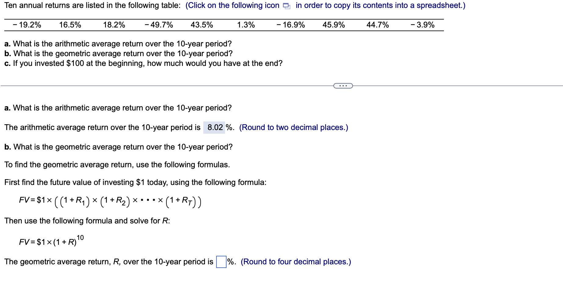 Solved b. What is the geometric average return over the | Chegg.com