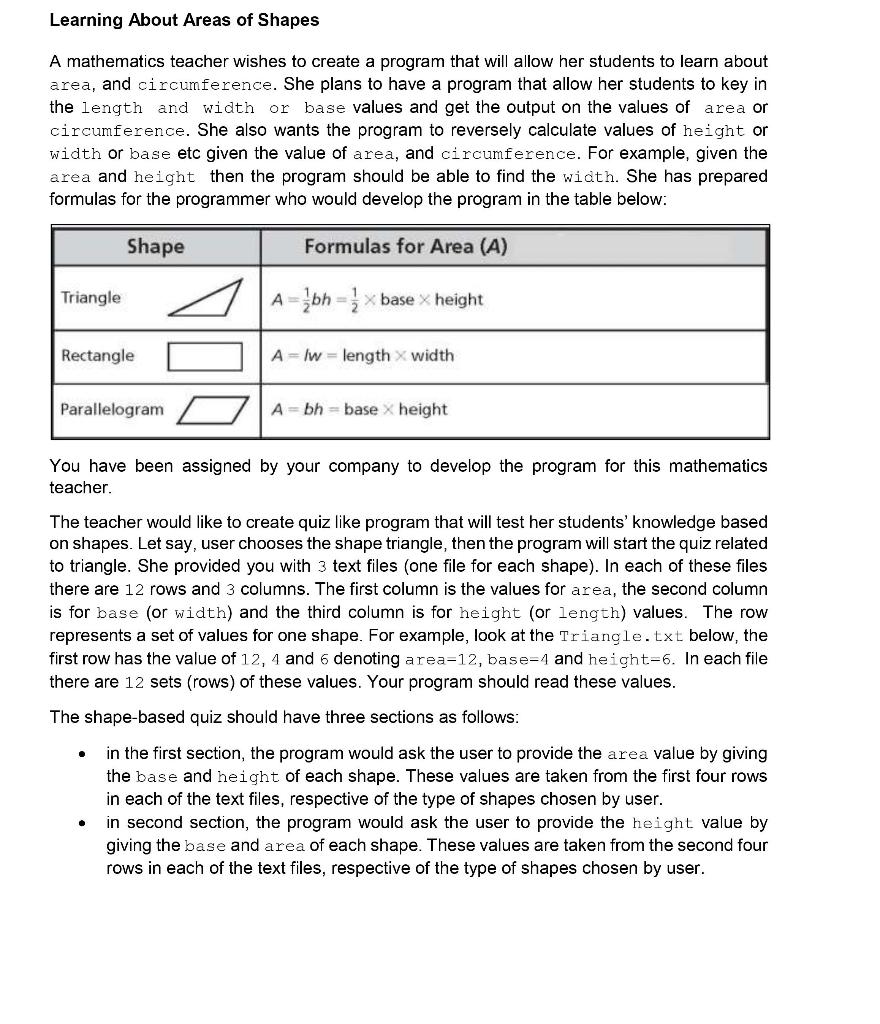 Solved Learning About Areas of Shapes A mathematics teacher | Chegg.com