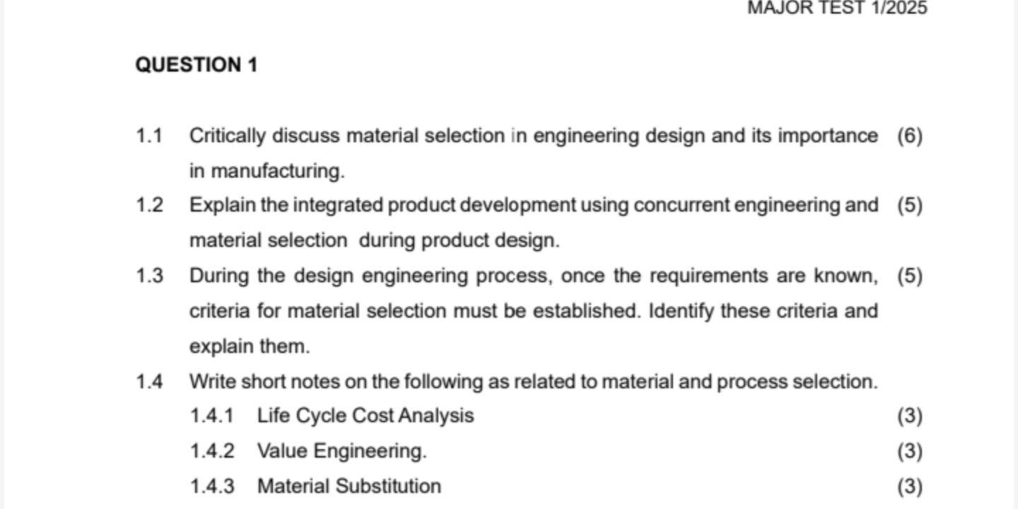 Solved QUESTION 11.1 ﻿Critically discuss material selection | Chegg.com