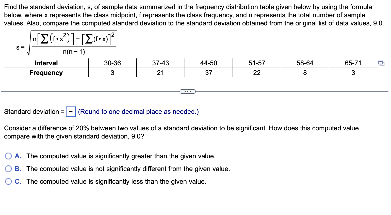 Solved Find the standard deviation, s, of sample data | Chegg.com
