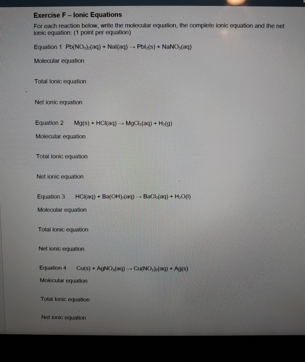 Solved Exercise F-lonic Equations For each reaction below, | Chegg.com