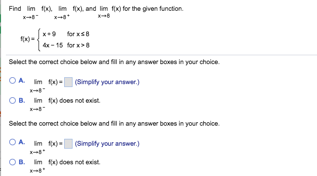 Solved Find lim f(x), lim fx), and lim f(x) for the given | Chegg.com