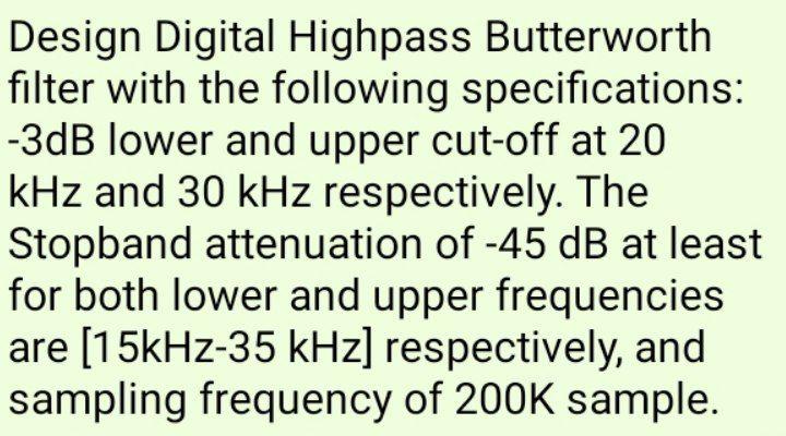 Solved Design Digital Highpass Butterworth filter with the | Chegg.com