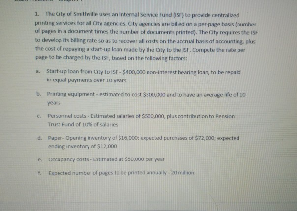 Solved 1. The City of Smithville uses an Internal Service | Chegg.com