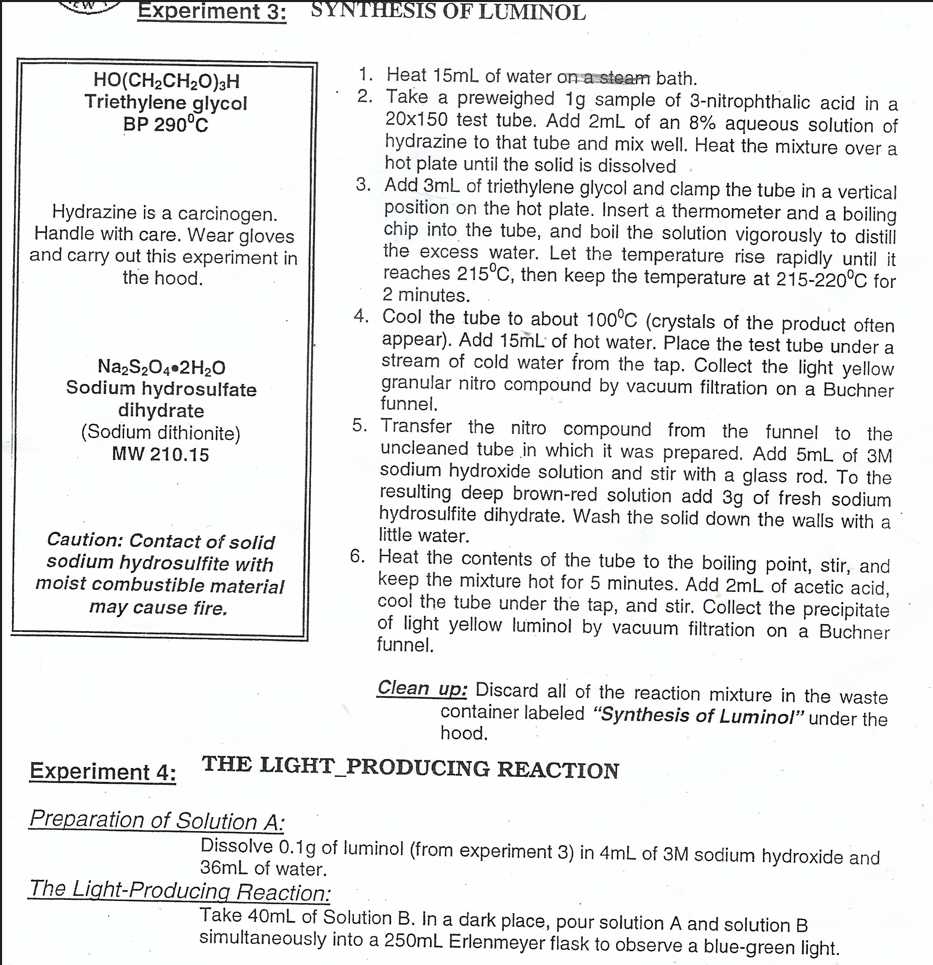Solved Experiment 3: SYNTHESIS OF LUMINOL HO(CH2CH2O)3H | Chegg.com
