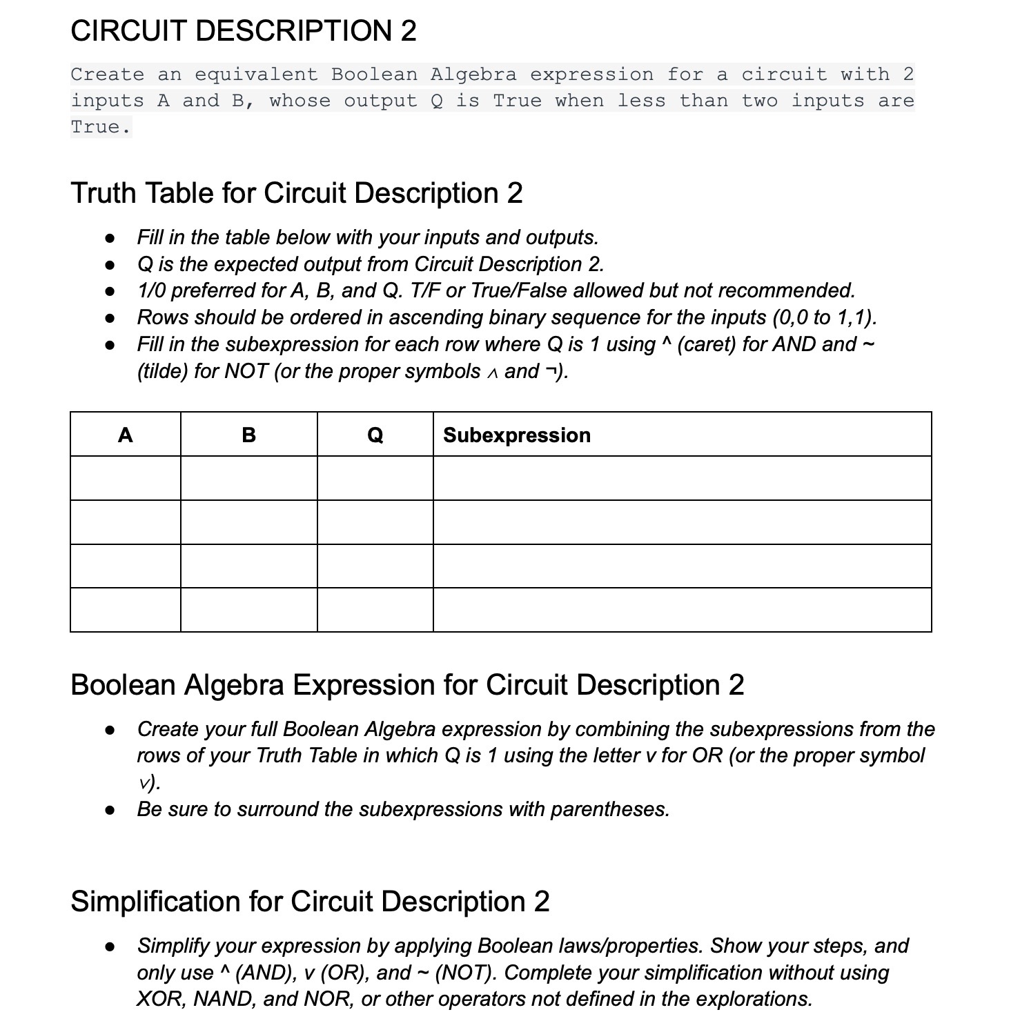 Solved Circuit Description 2 Create An Equivalent Boolean