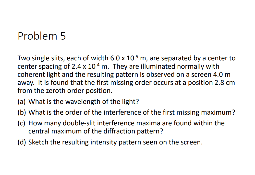 Solved Problem 5 Two single slits, each of width 6.0 x 10-5 | Chegg.com