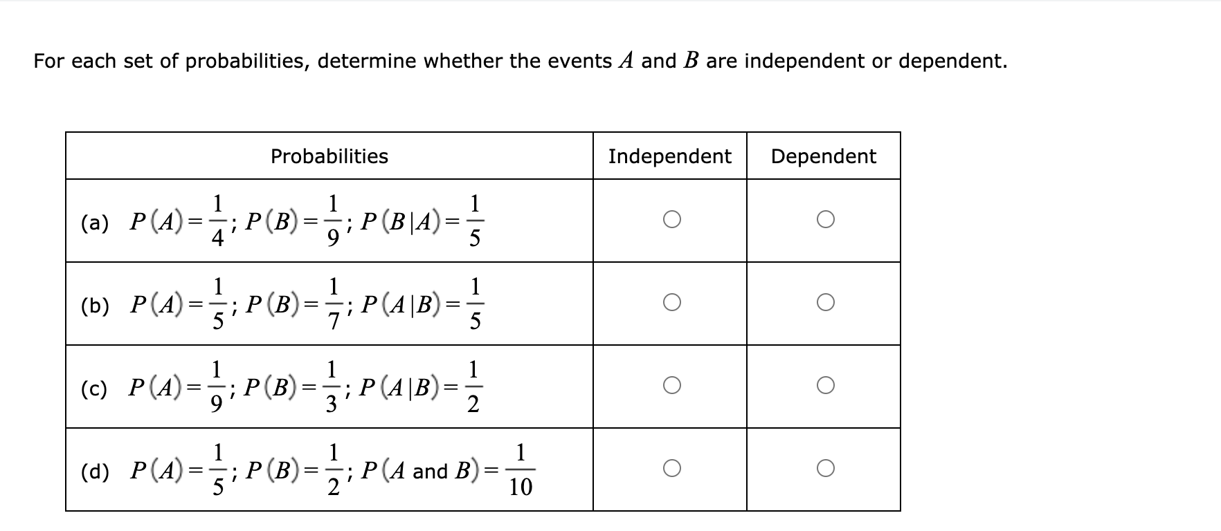 Solved For each set of probabilities, determine whether the | Chegg.com