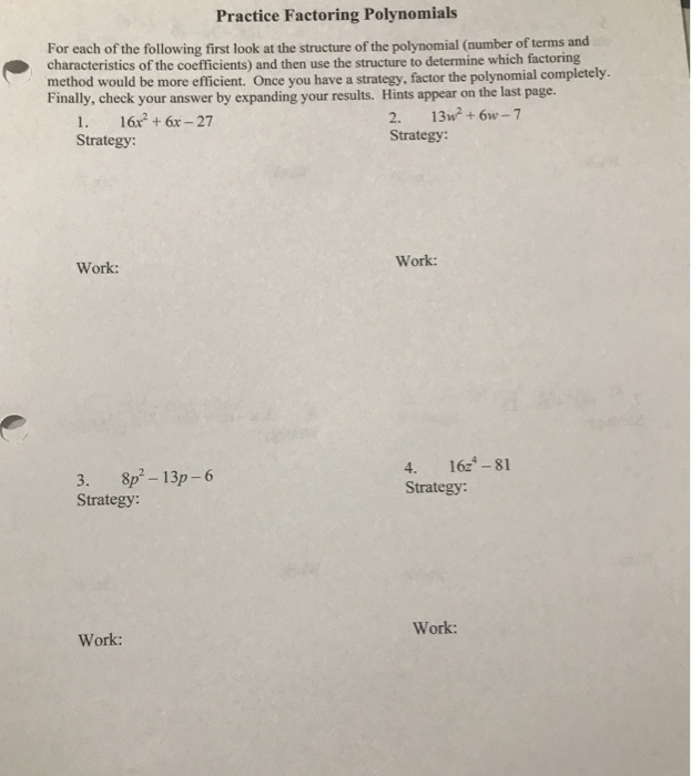 Solved Practice Factoring Polynomials For each of the | Chegg.com