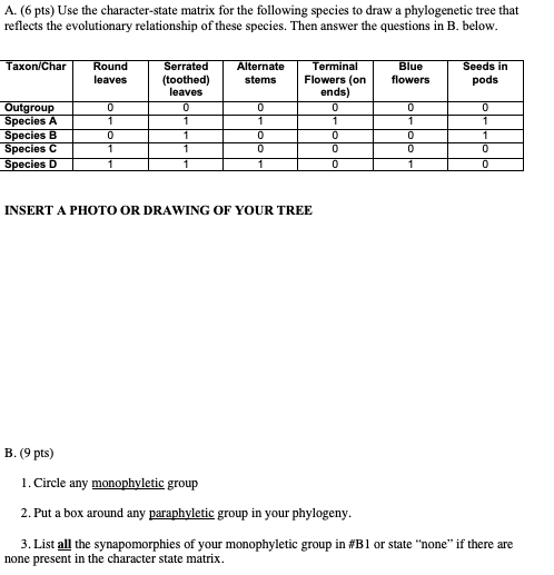 Solved A. (6 pts) Use the character-state matrix for the | Chegg.com