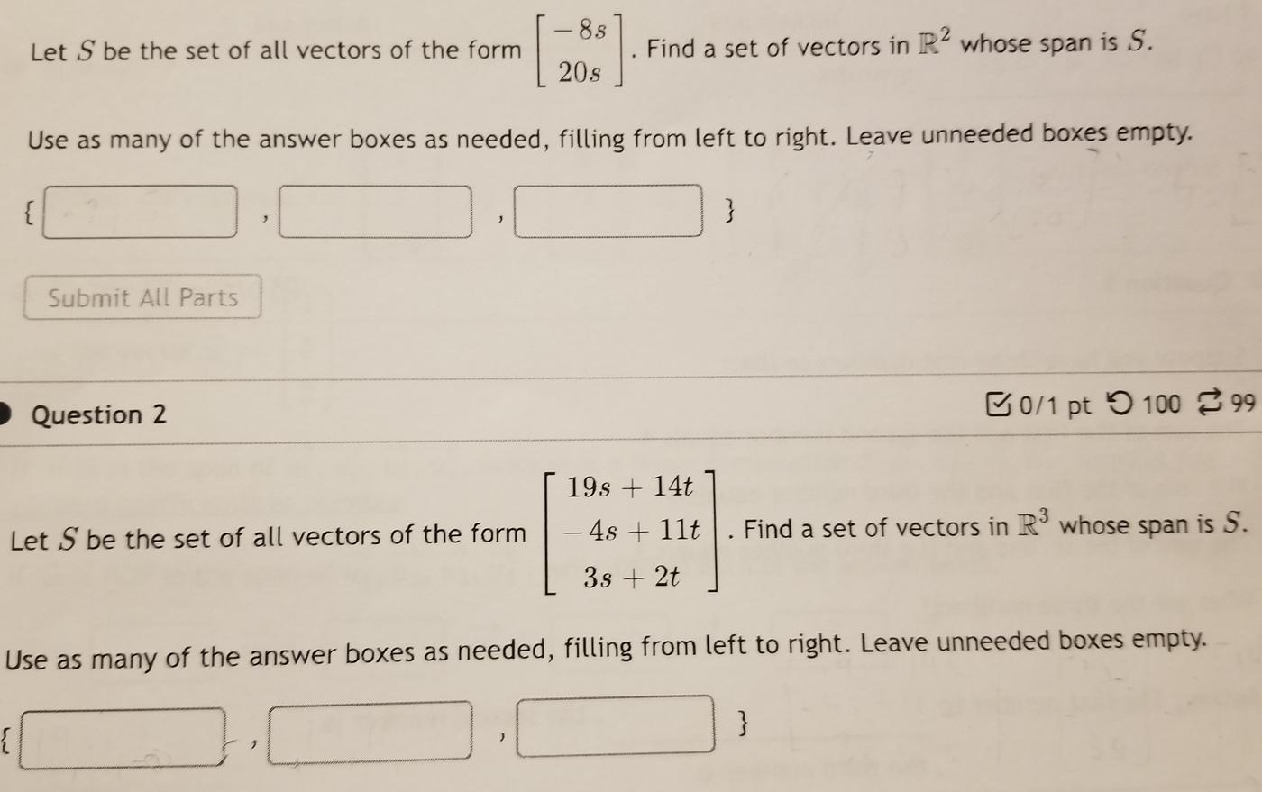 Solved Let S be the set of all vectors of the form [−8s20s]. | Chegg.com