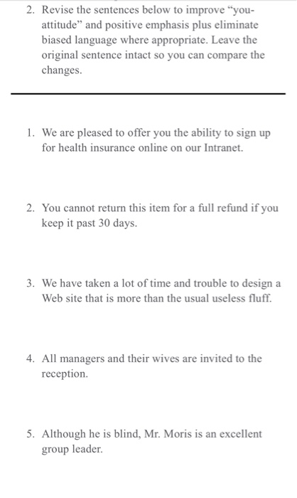 Solved 2. Revise the sentences below to improve "you- | Chegg.com