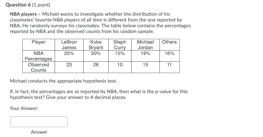 Solved Question 1 (1 point) NBA players - Michael wants to | Chegg.com