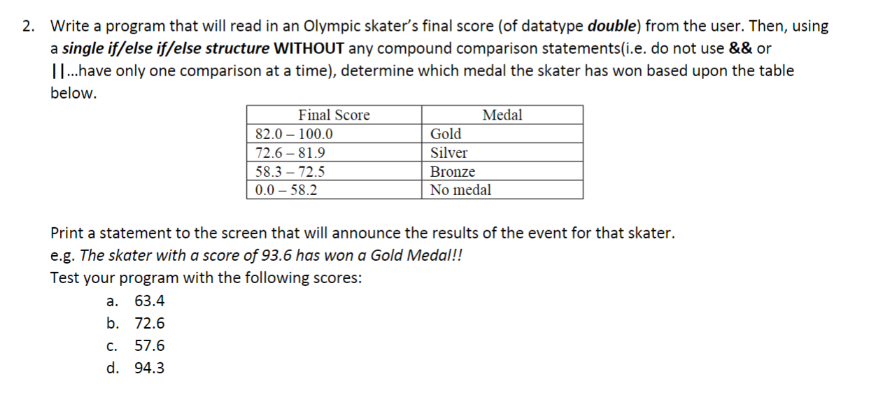 Solved Write a program that will read in an Olympic skater’s | Chegg.com