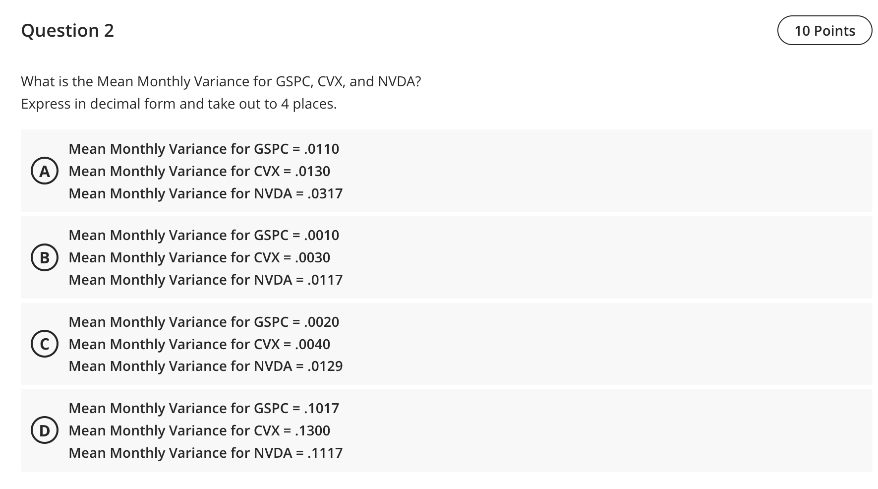 Question 2 What is the Mean Monthly Variance for | Chegg.com