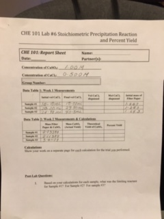 CHE 101 Lab 86 Stoichiometric Precipitation Reaction | Chegg.com
