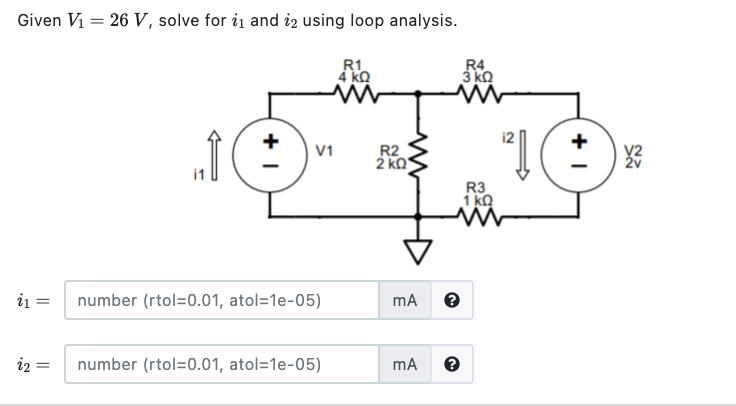 Solved Given V1 = 26 V, solve for ii and i2 using loop | Chegg.com