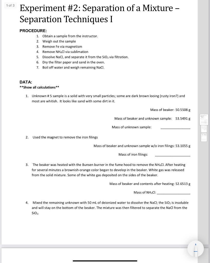 Solved 1 of 3 Experiment #2: Separation of a Mixture - | Chegg.com