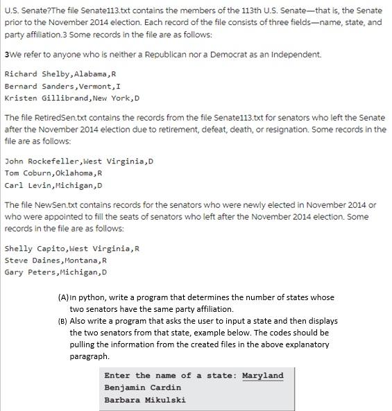 Solved U.S. Senate?The file Senate113.txt contains the | Chegg.com