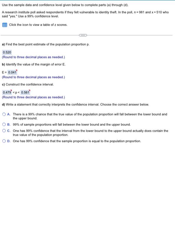 Solved Use the sample data and confidence level given below | Chegg.com