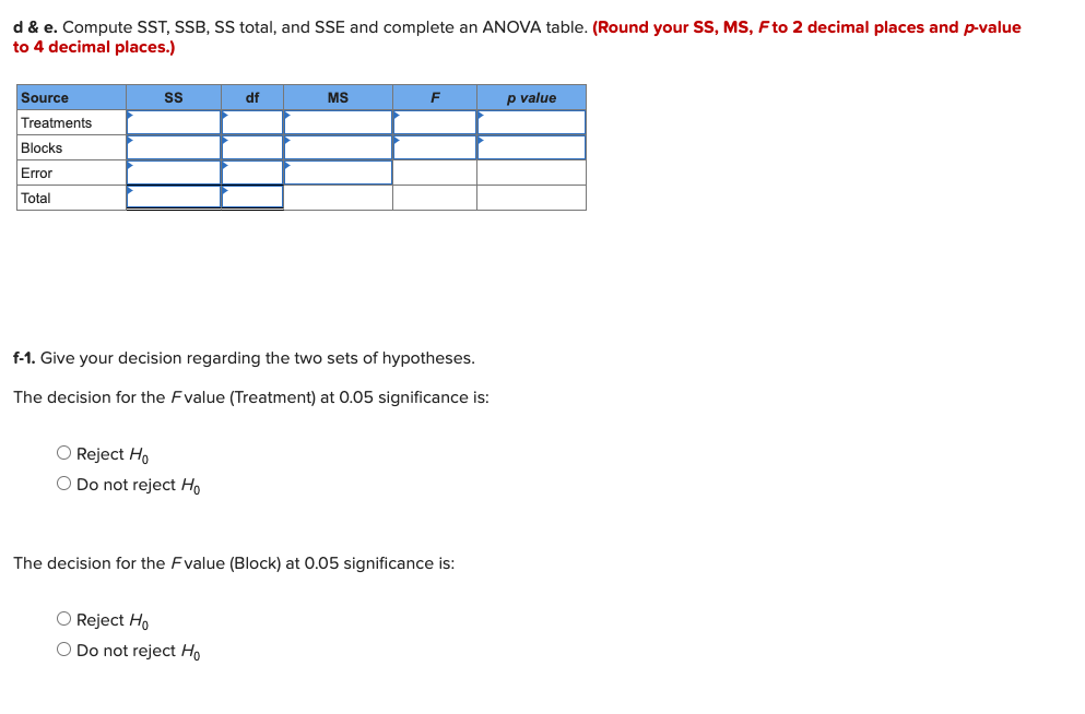 d \& e. Compute SST, SSB, SS total, and SSE and | Chegg.com