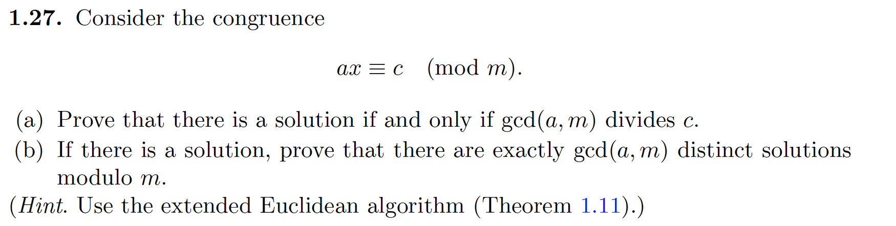 Solved 1.27. Consider the congruence ax = c (mod m). (a) | Chegg.com