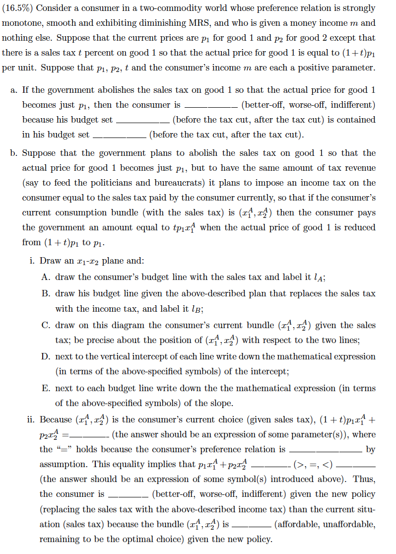 Solved 16 5 Consider A Consumer In A Two Commodity World