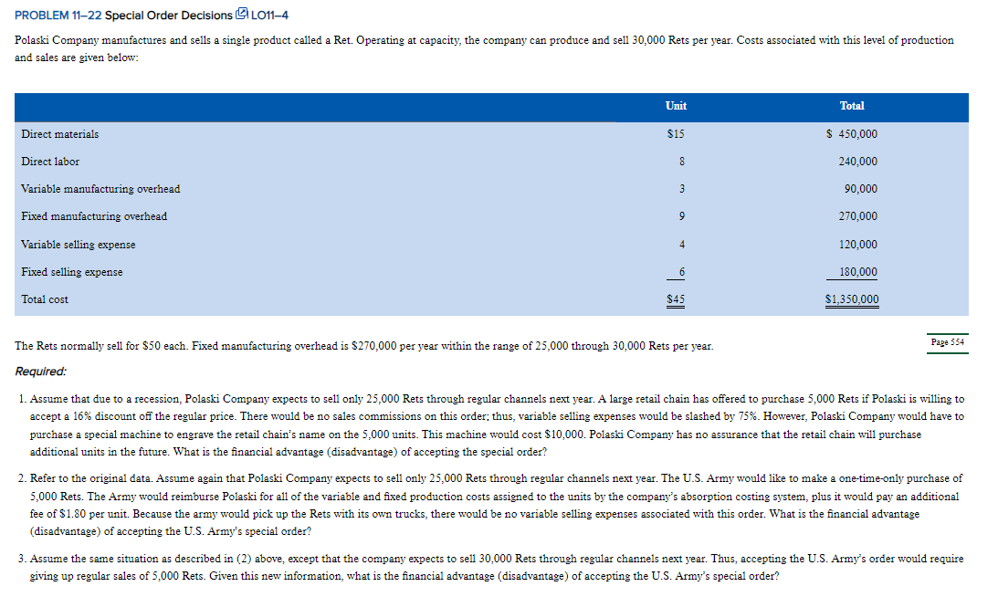 PROBLEM 11-22 Special Order Decisions ₫ LO11-4 | Chegg.com