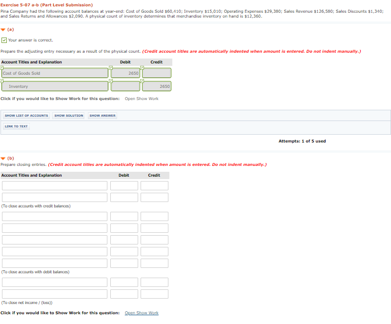 Solved Exercise 5-07 a-b (Part Level Submission) Pina | Chegg.com