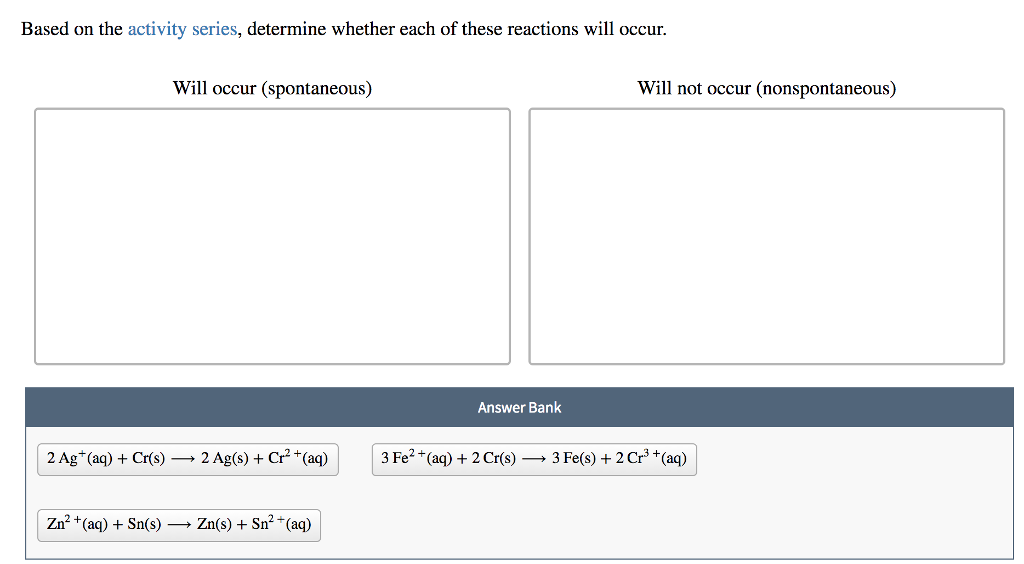 Solved Based on the activity series, determine whether each | Chegg.com