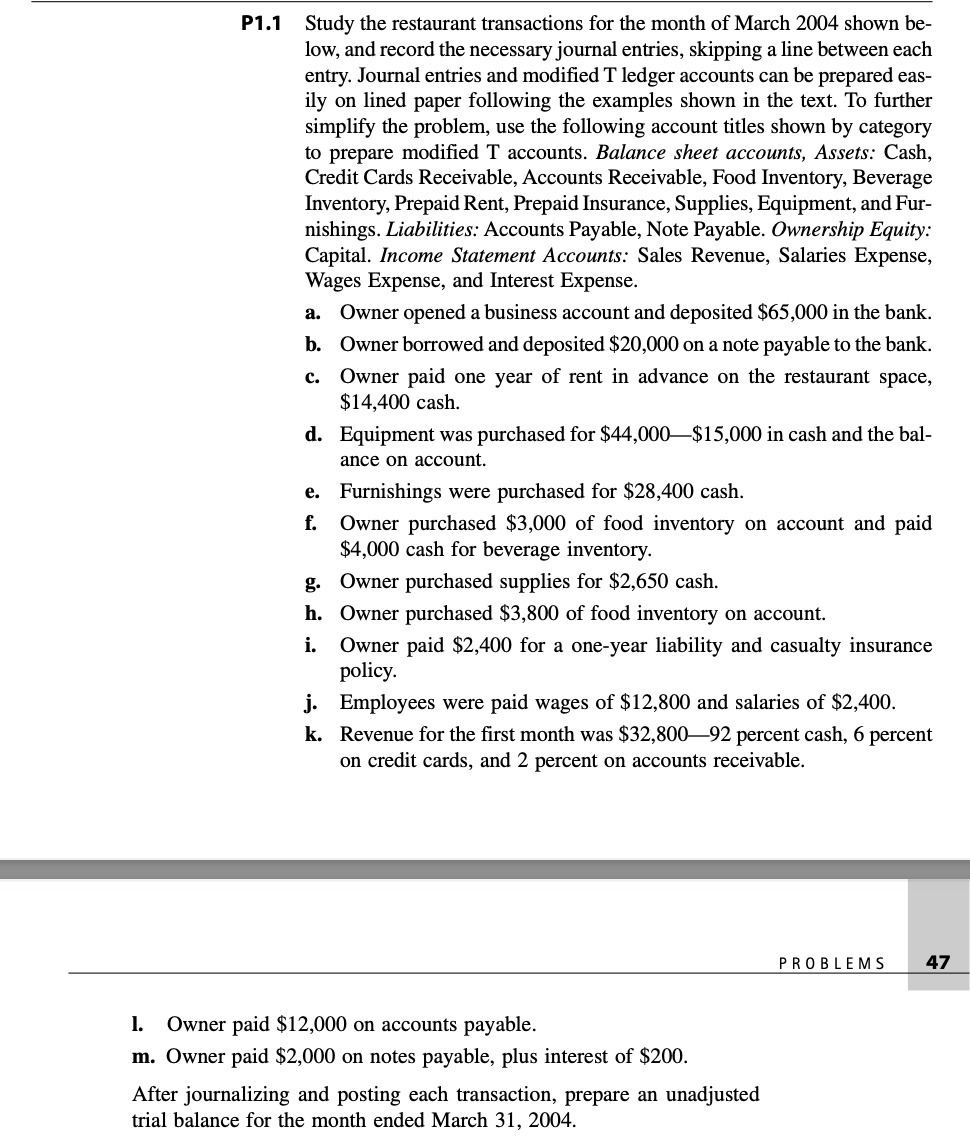 Solved P1.1 Study the restaurant transactions for the month | Chegg.com