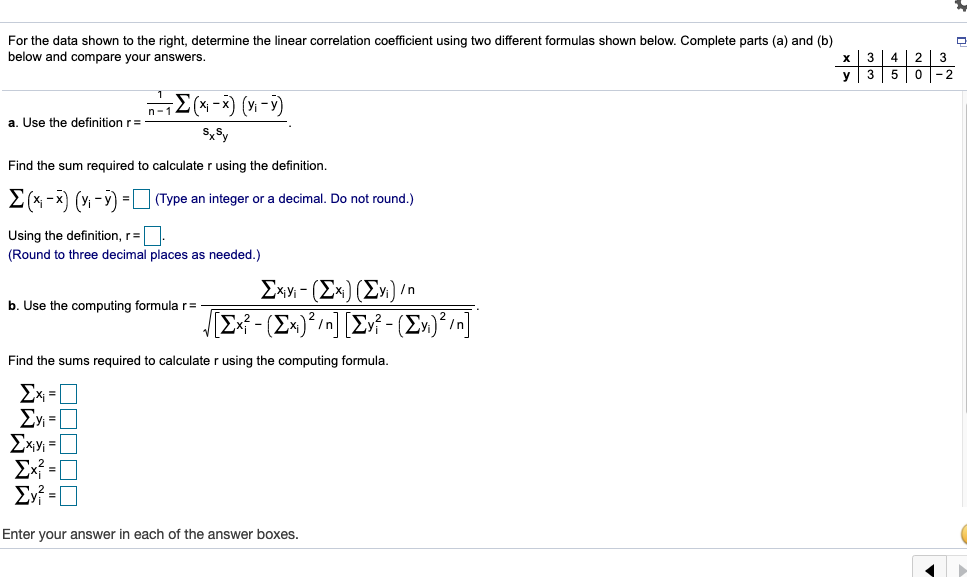 Solved For the data shown to the right, determine the linear | Chegg.com