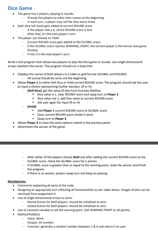 Solved (USING C# VISUAL STUDIO WINDOWS FORM APP) Dice Game • | Chegg.com