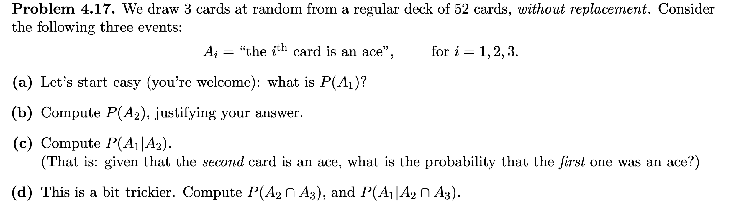 Solved Problem 4.17. We draw 3 cards at random from a | Chegg.com