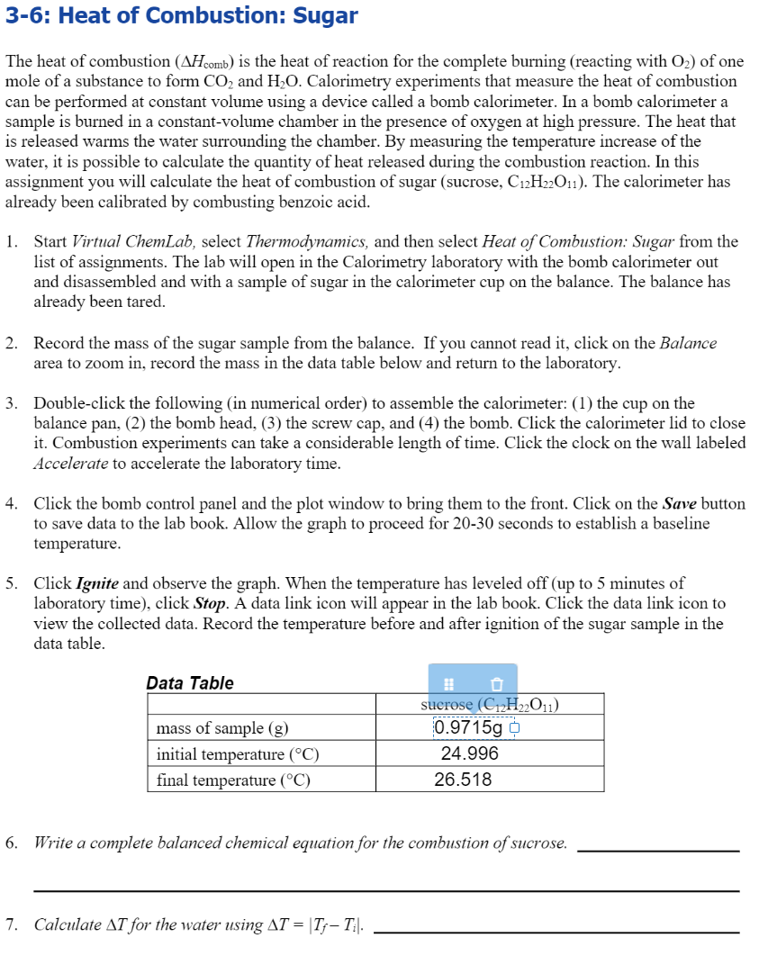 Solved 3-6: Heat of Combustion: Sugar The heat of combustion | Chegg.com