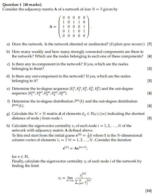 Solved Question 1 [40 marks). Consider the adjacency matrix | Chegg.com