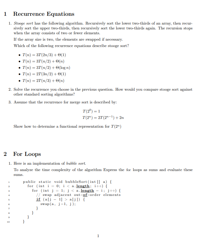 1 Recurrence Equations 1. Stooge sort has the | Chegg.com
