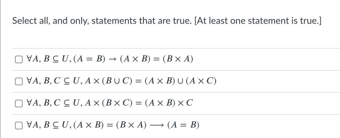 Solved Let A, B CU. Select all universal statements that are | Chegg.com